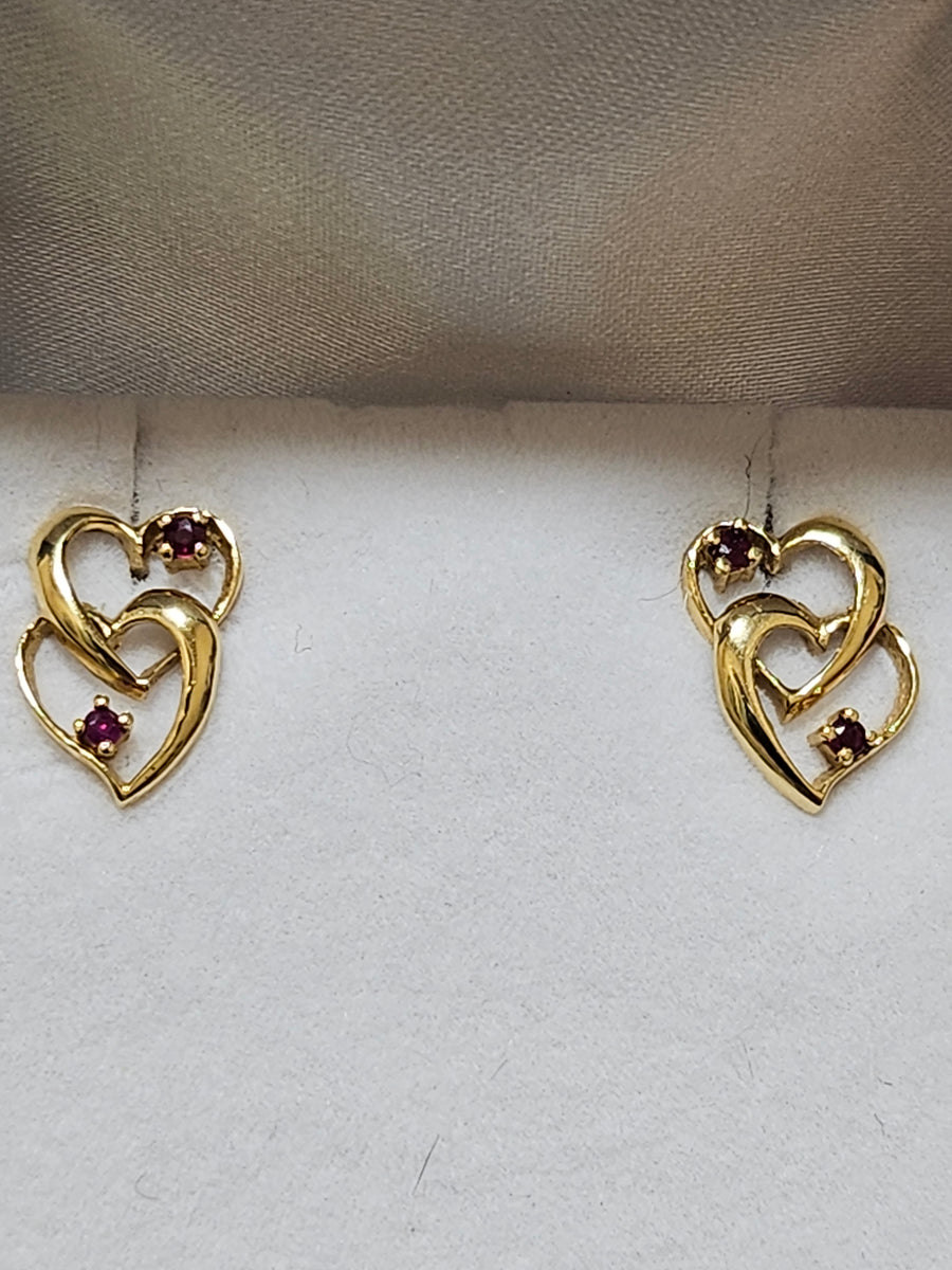 Round Cut Ruby Earrings - Double Hearts - Yellow Gold - E1171 – Lesser ...